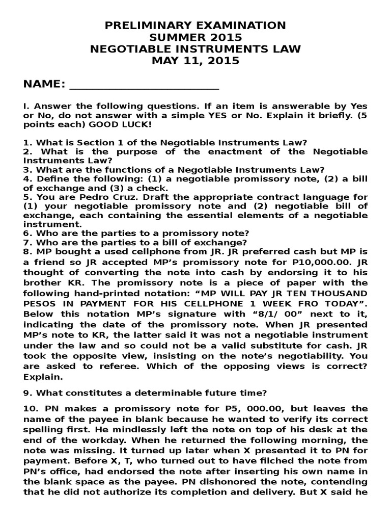 Preliminary Examination | PDF | Negotiable Instrument | Promissory Note
