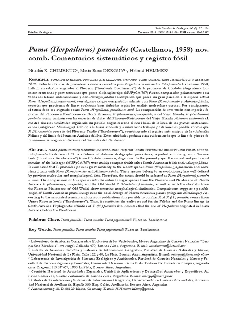 Puma (Herpailurus) Pumoides (Castellanos, 1958) Nov. Comb. Comentarios ...