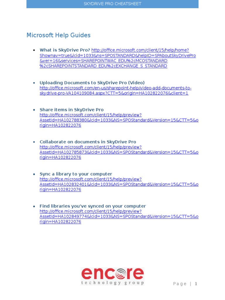 Skydrive Pro Cheatsheet | PDF | Login | Operating System Families