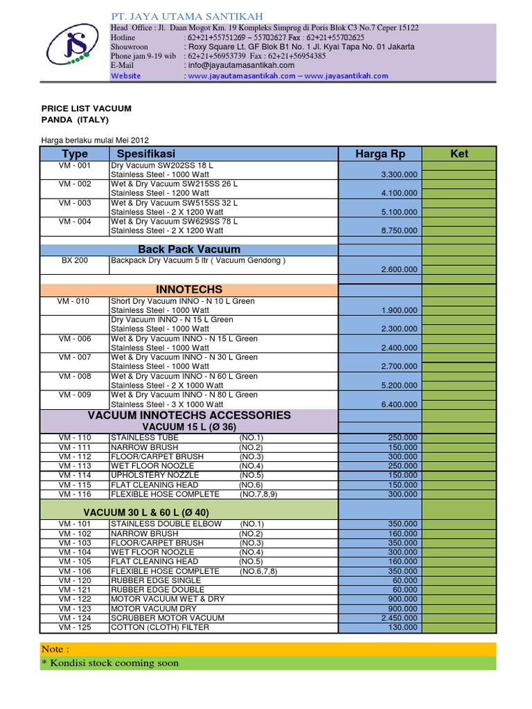Vacuum Price List - PT. Jaya Utama | PDF