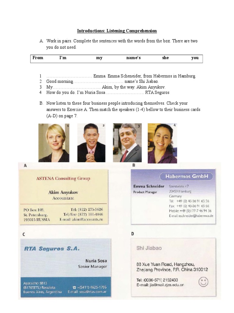 Listening Comprehension: Self-Introductions | PDF