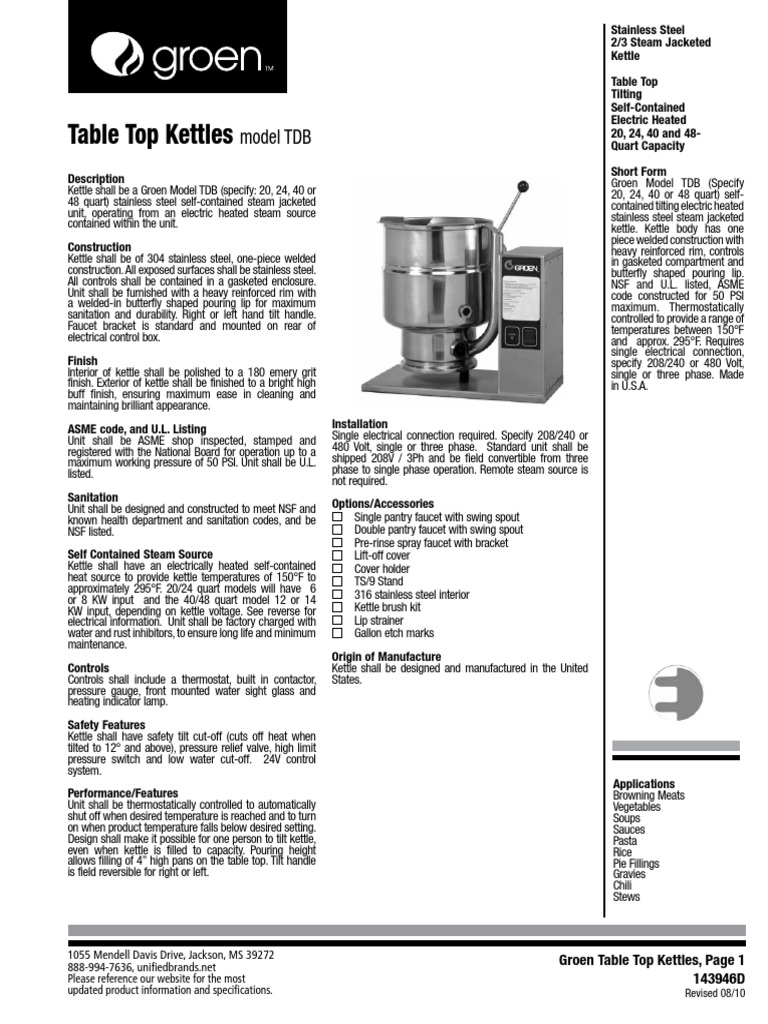 Groen TDB Table Top Kettle | PDF | Thermostat | Mechanical Engineering