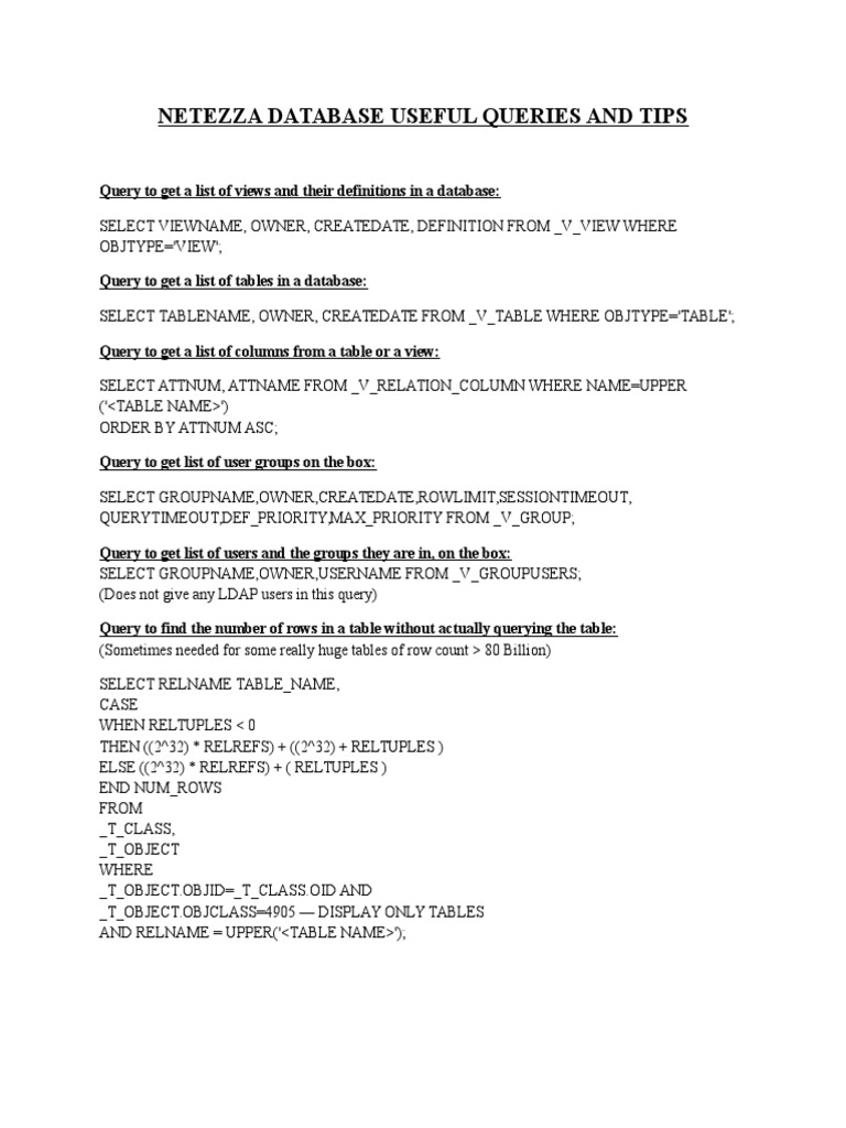 Useful Netezza Queries and Tips | PDF | Database Transaction | Table (Database)
