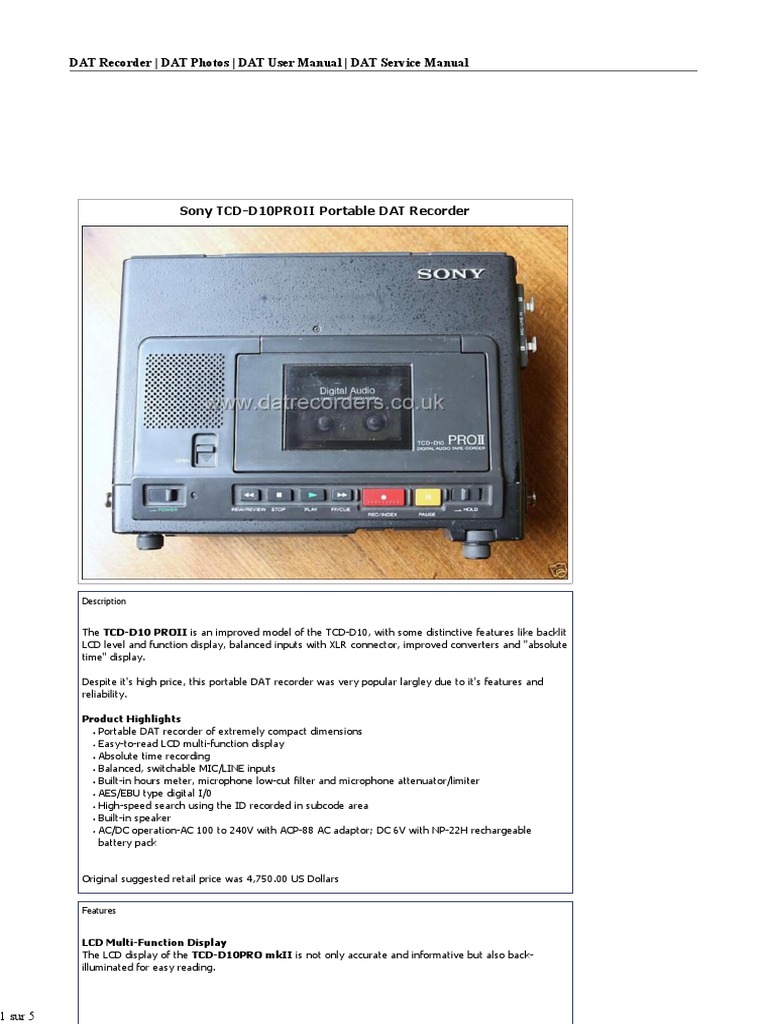 Sony TCD-D10PROII Portable DAT Recorder | PDF | Compact Cassette ...