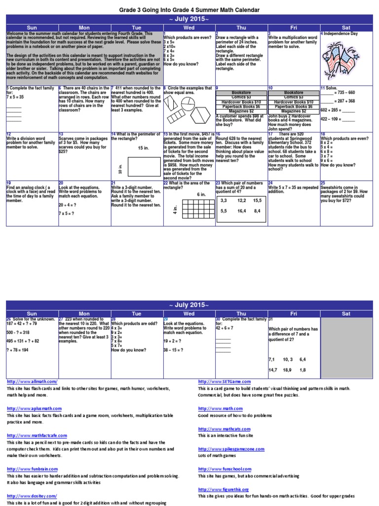 Grade 4 Summer Math Activities | PDF | Teaching Mathematics | Cognition