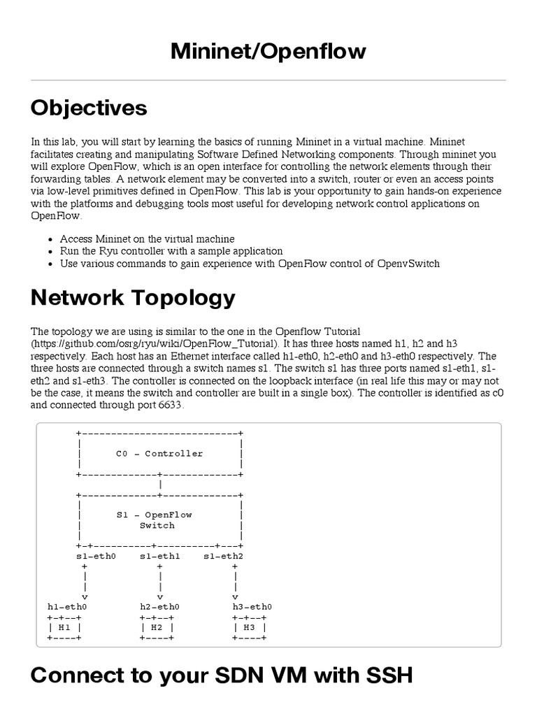 Hands On Exploration Of Software Defined Networking Concepts Using Mininet And The Ryu Openflow