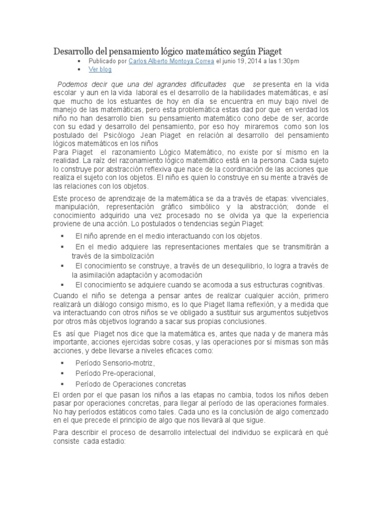 Desarrollo Del Pensamiento Lógico Matemático Según Piaget | Lógica ...