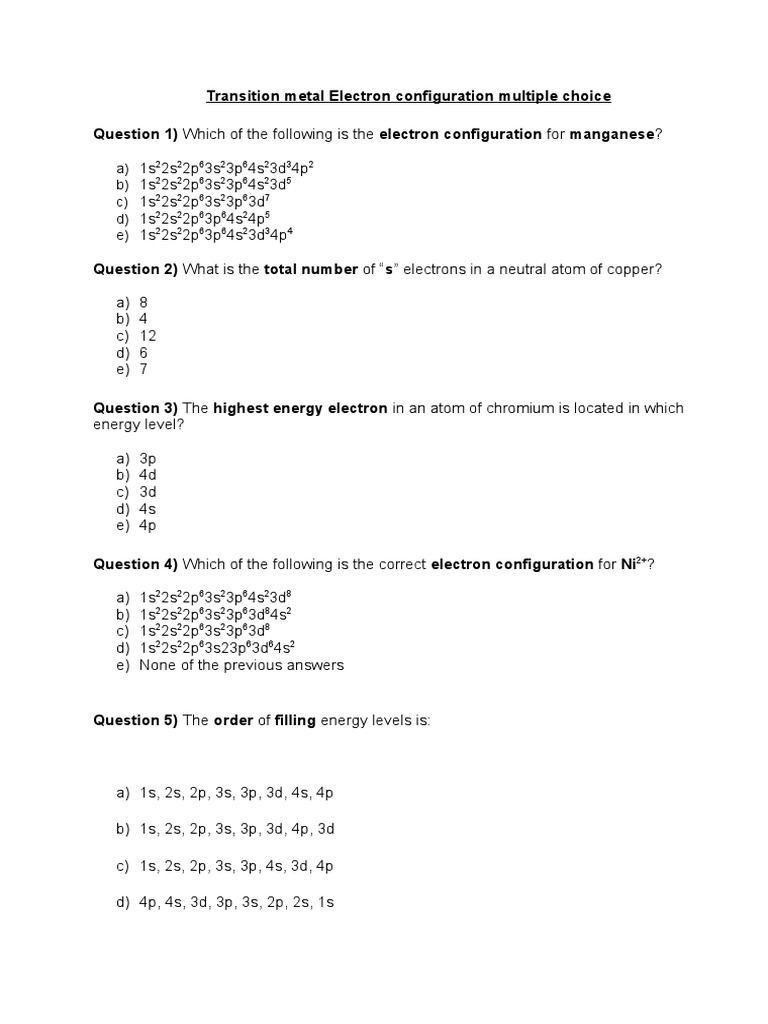 Transition Metals Electron Configuration MCQs | PDF | Electron ...