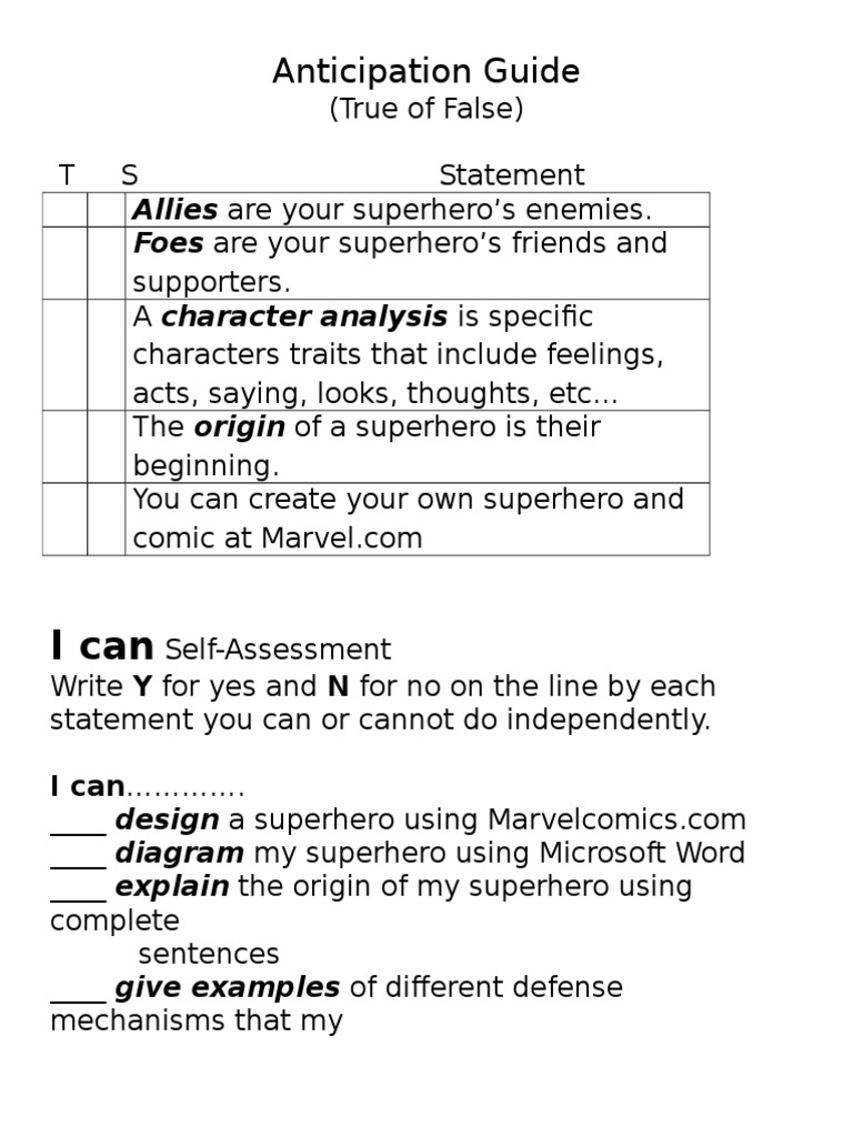 Superhero Comics (3) Anticipation Guide | PDF