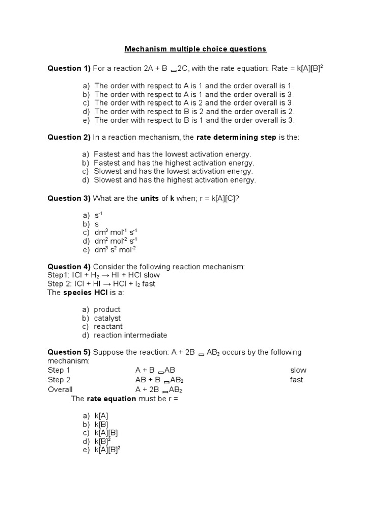 Mechanism Multiple Choice Questions | Download Free PDF | Reaction Rate ...