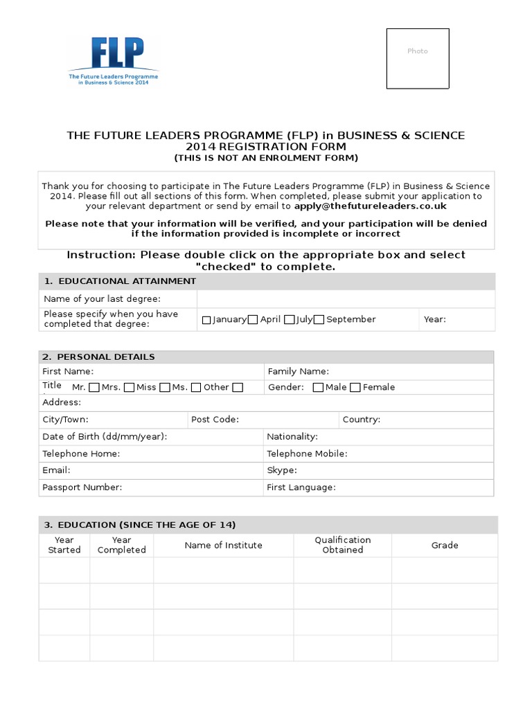 The Future Leaders Programme (FLP) in Business & Science 2014 Registration Form | Download Free ...