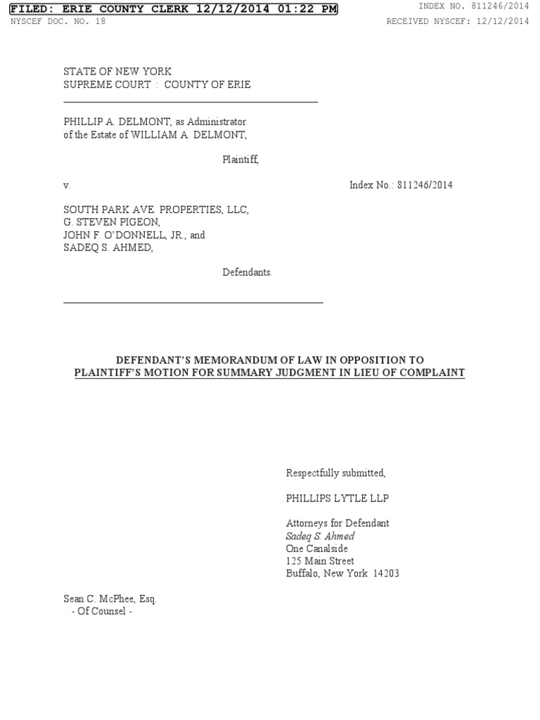 Memo Law Opposition | Summary Judgment | Guarantee