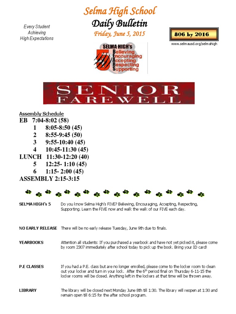 Selma High School Daily Bulletin - June 5 | PDF | Wellness