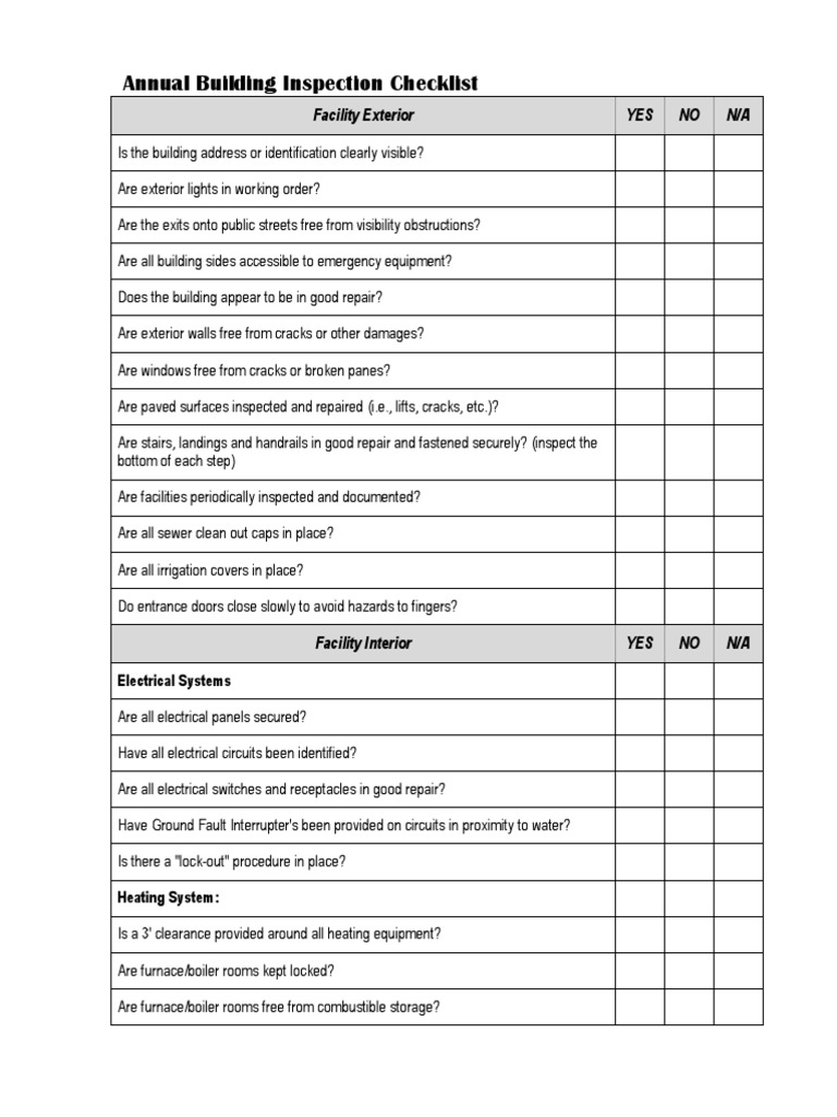 Sample Annual Facility Checklist | Tap (Valve) | Fire Sprinkler System