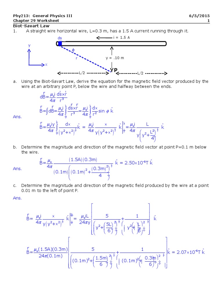 Phy213 CH29 Worksheet-Key | PDF | Magnetic Field | Mass