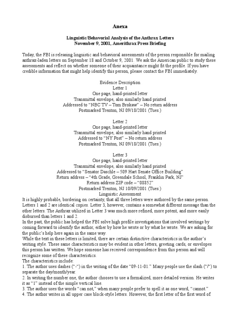 Anexa: Linguistic/Behavorial Analysis of The Anthrax Letters November 9 ...