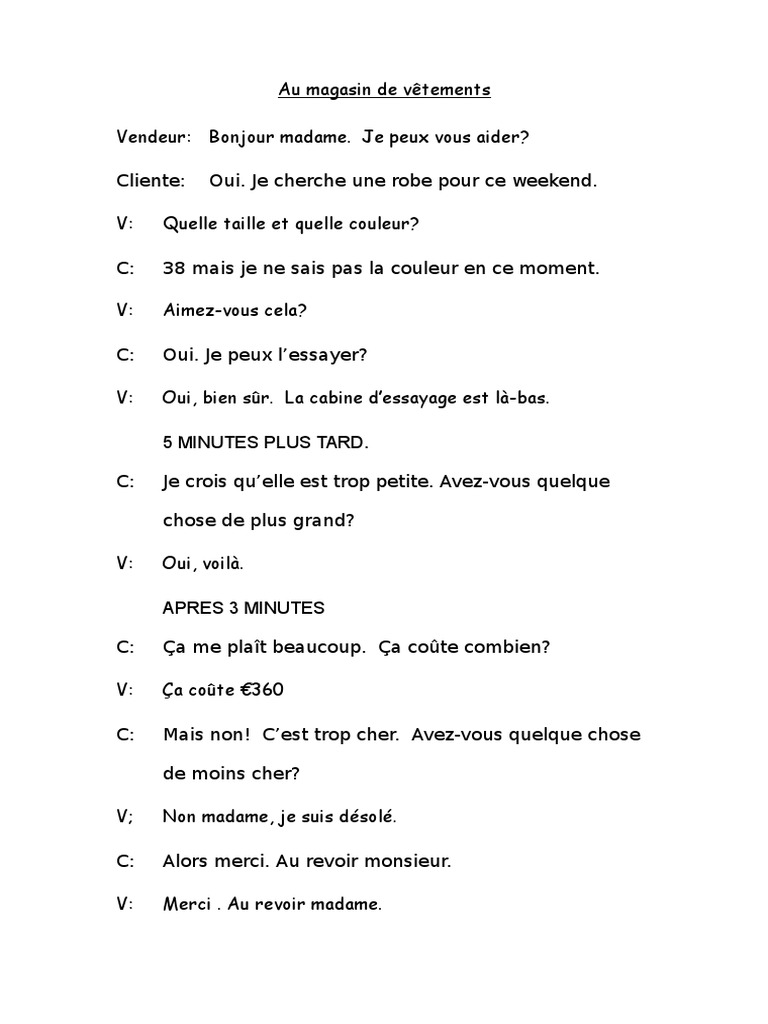 Dialogue au magasin de vêtements | PDF | Mode de vie