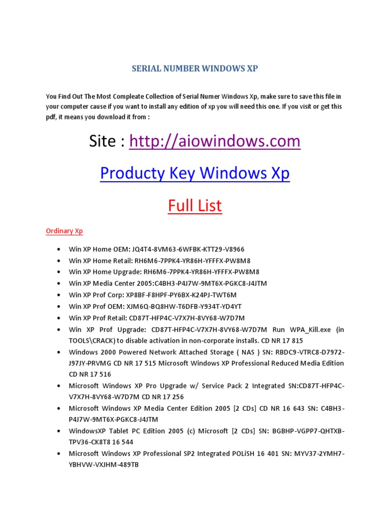 Product Key Windows XP - Most Compleate One | PDF | Windows Xp ...