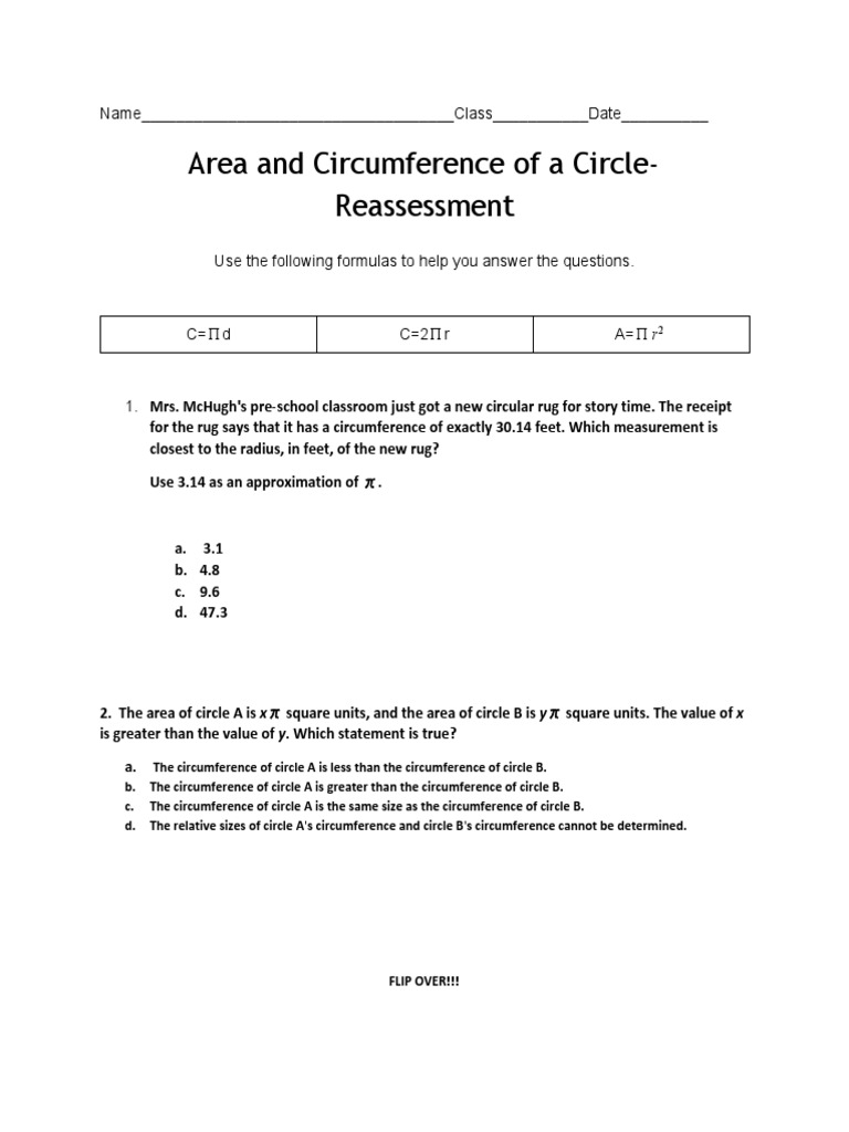 Circle Area and Circumference Quiz | PDF