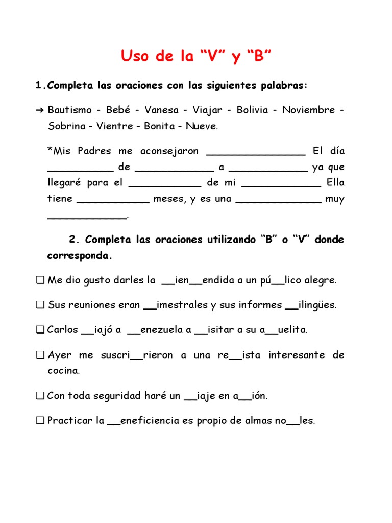 Ejercicios de oraciones con B y V | PDF
