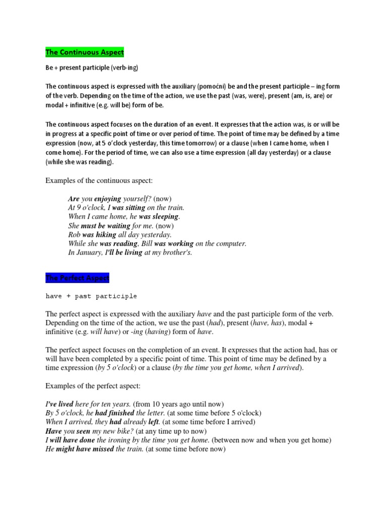 The Continuous Aspect | PDF | Perfect (Grammar) | Morphology