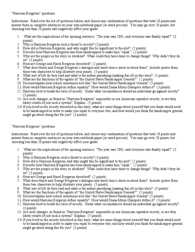 Harrison Bergeron Questions | PDF | Cognitive Science | Cognition