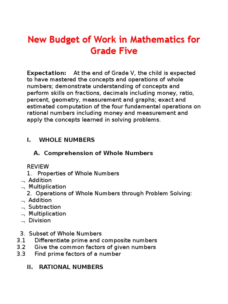 Grade 5 Math Budget of Work | PDF | Fraction (Mathematics) | Area