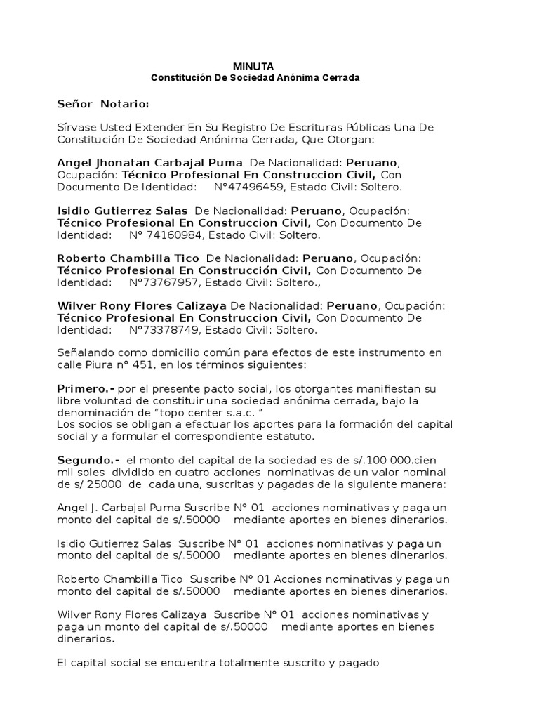 Minuta de Empresa | Descargar gratis PDF | Compartir (Finanzas) | Gobierno