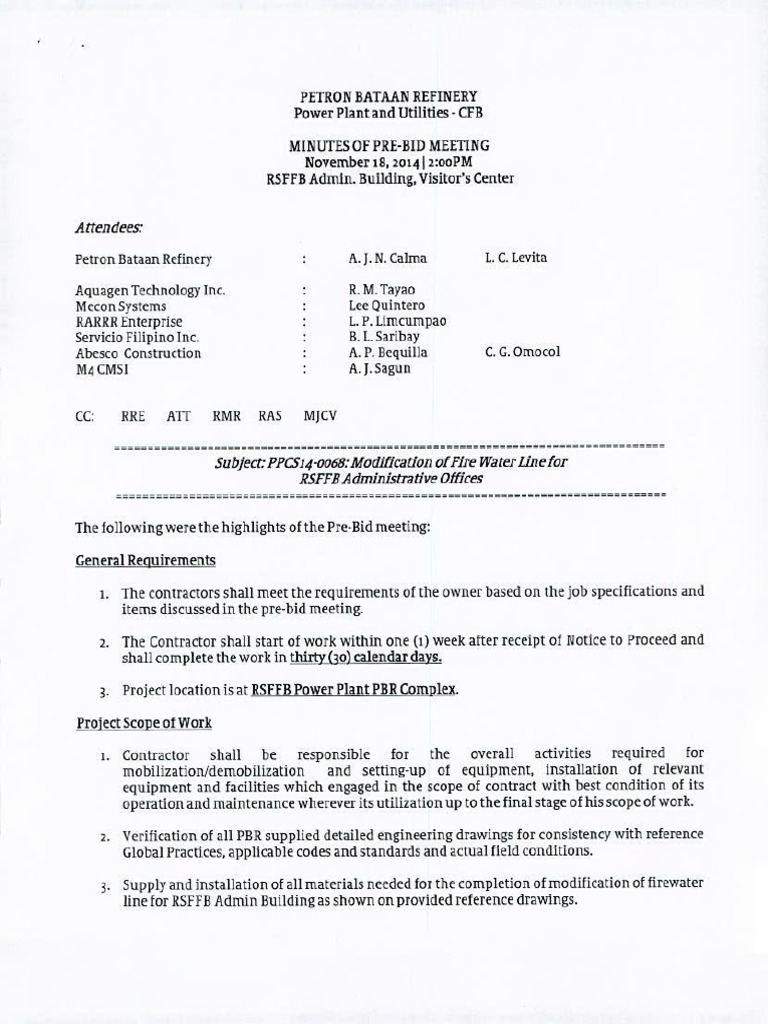 Minutes of Pre-Bid Meeting & Scope of Work- | General Contractor | Pipe ...