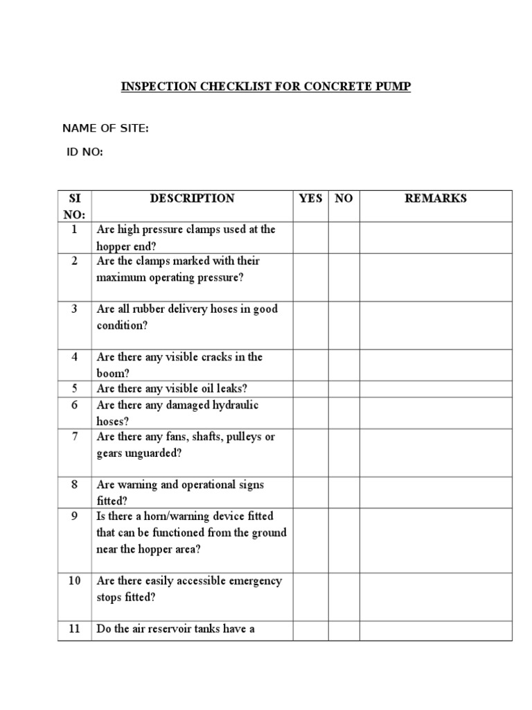 Inspection Checklist For Concrete Pump: Name of Site: Id No | PDF