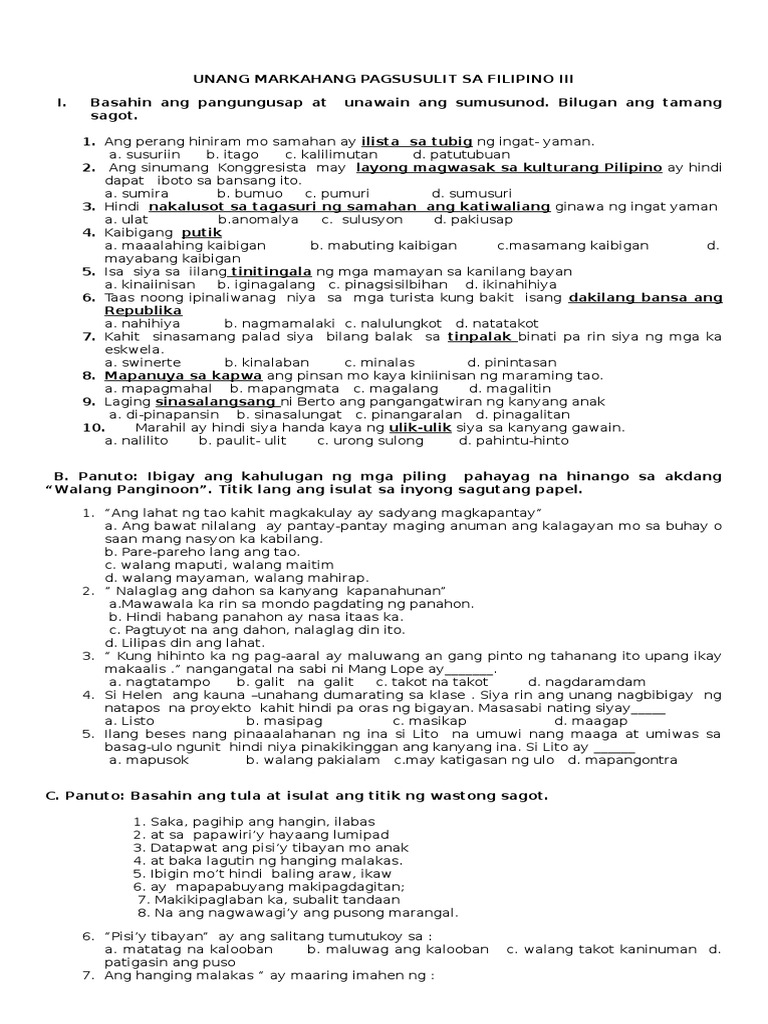 First Periodical Test in Filipino 3 | PDF