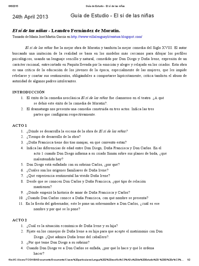 Guía de Estudio: El Sí de las Niñas | PDF