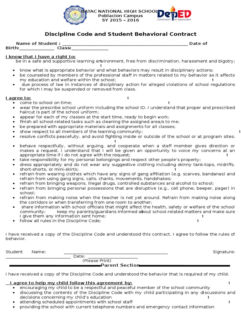 Discipline Code and Student Behavioral Contract: Parent Section | PDF ...