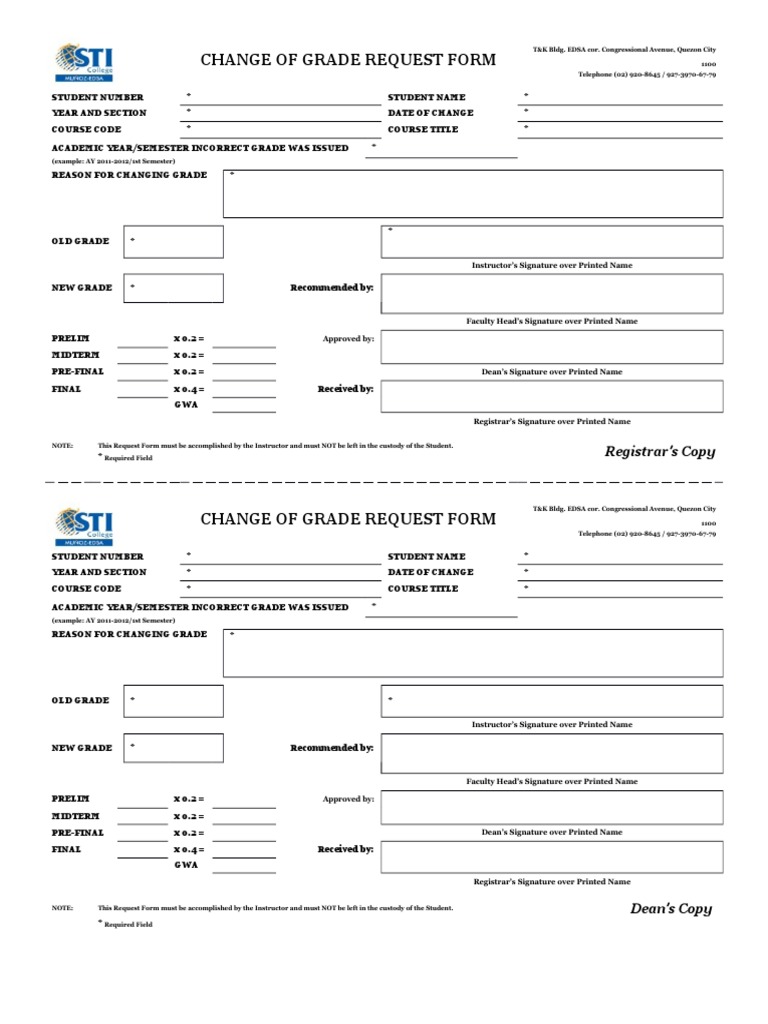 Change of Grade Request Form: Registrar's | PDF
