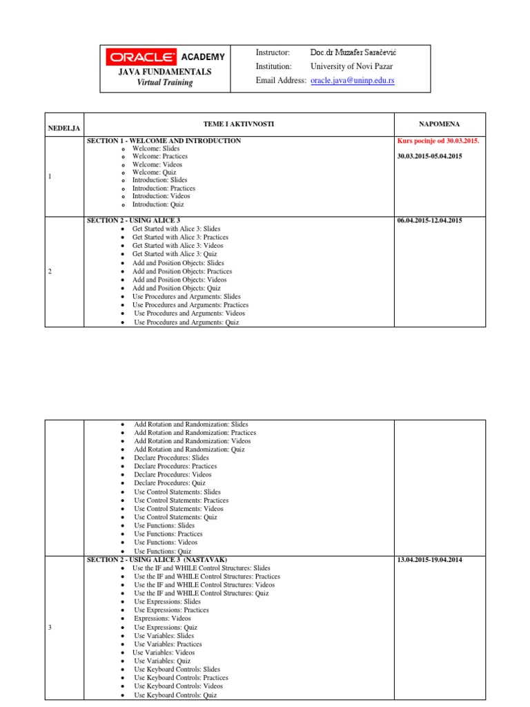Java Fundamentals - Plan Kursa | PDF | Java (Programming Language ...