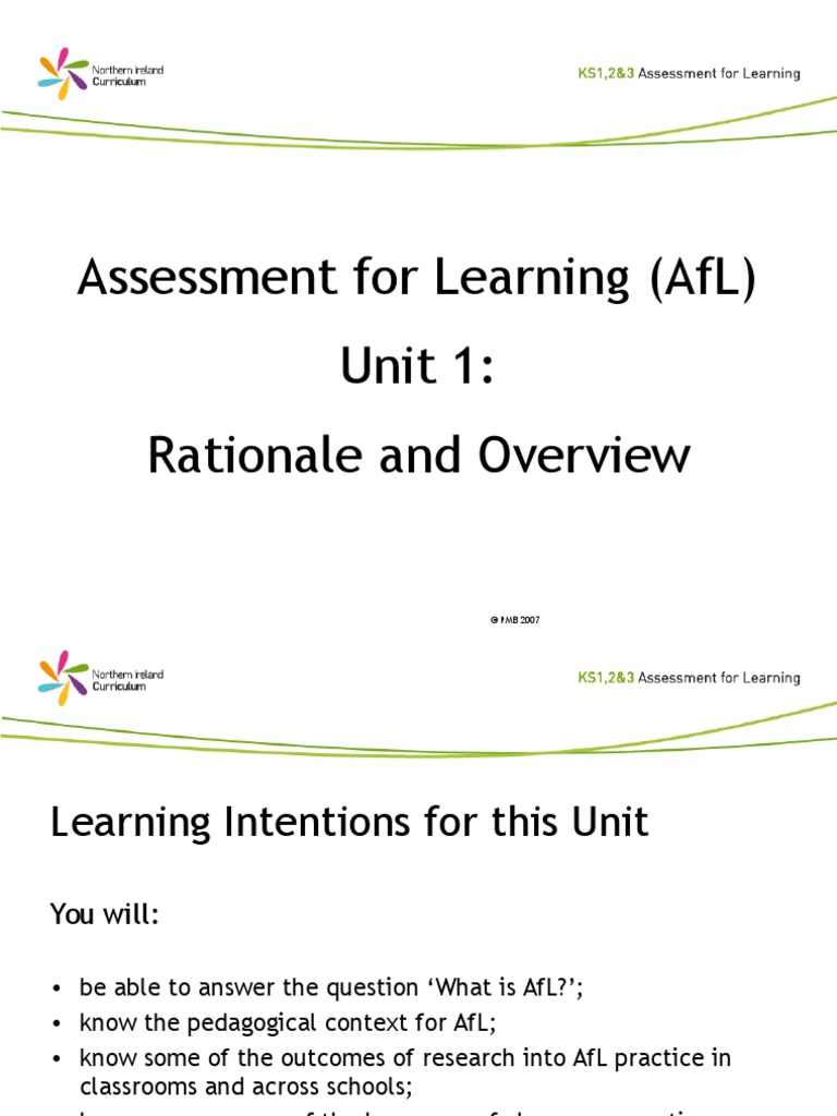 Assessment For Learning (Afl) Unit 1: Rationale and Overview | PDF ...