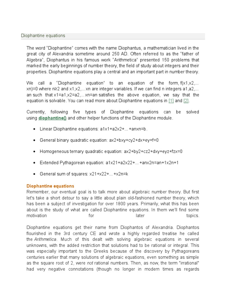 Diophantine Equation | PDF | Equations | Polynomial