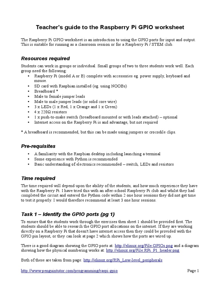 Teacher's Guide To The Raspberry Pi GPIO Worksheet: Resources Required ...