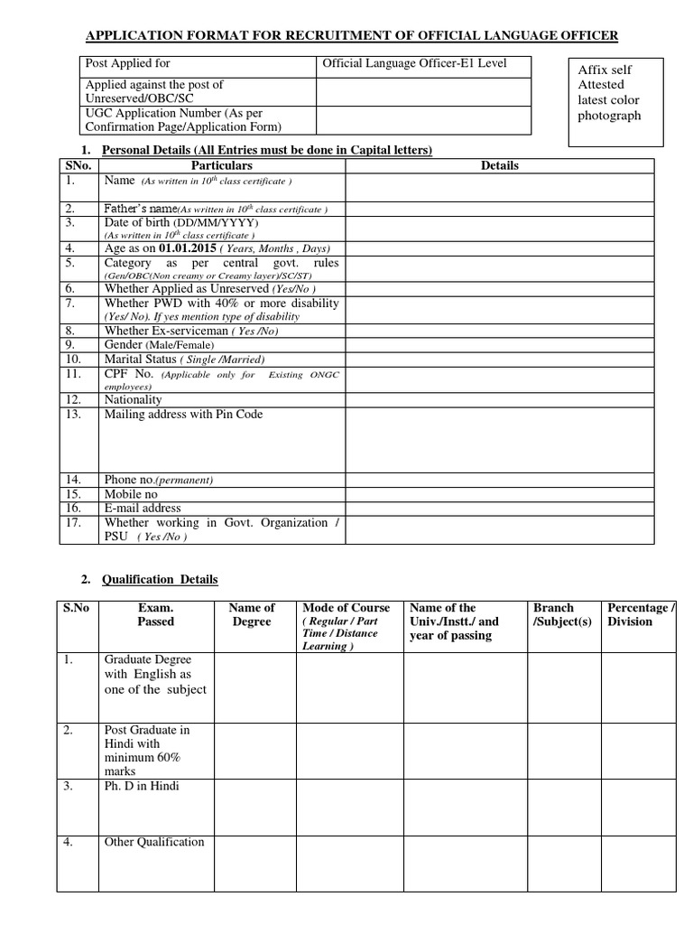 Affix Self Attested Latest Color Photograph: Application Format For ...