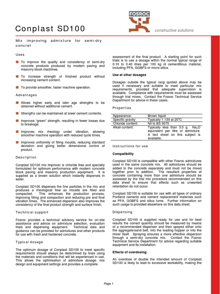 Conplast SD100: Mix Improving Admixture For Semi-Dry Concret | PDF ...