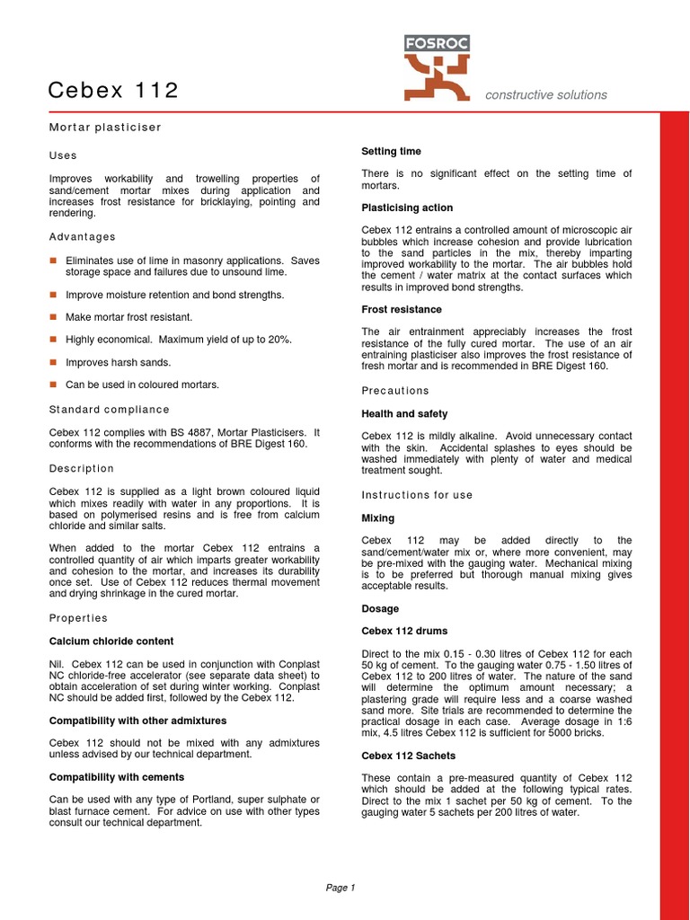 Cebex 112: Mortar Plasticiser | PDF | Mortar (Masonry) | Concrete