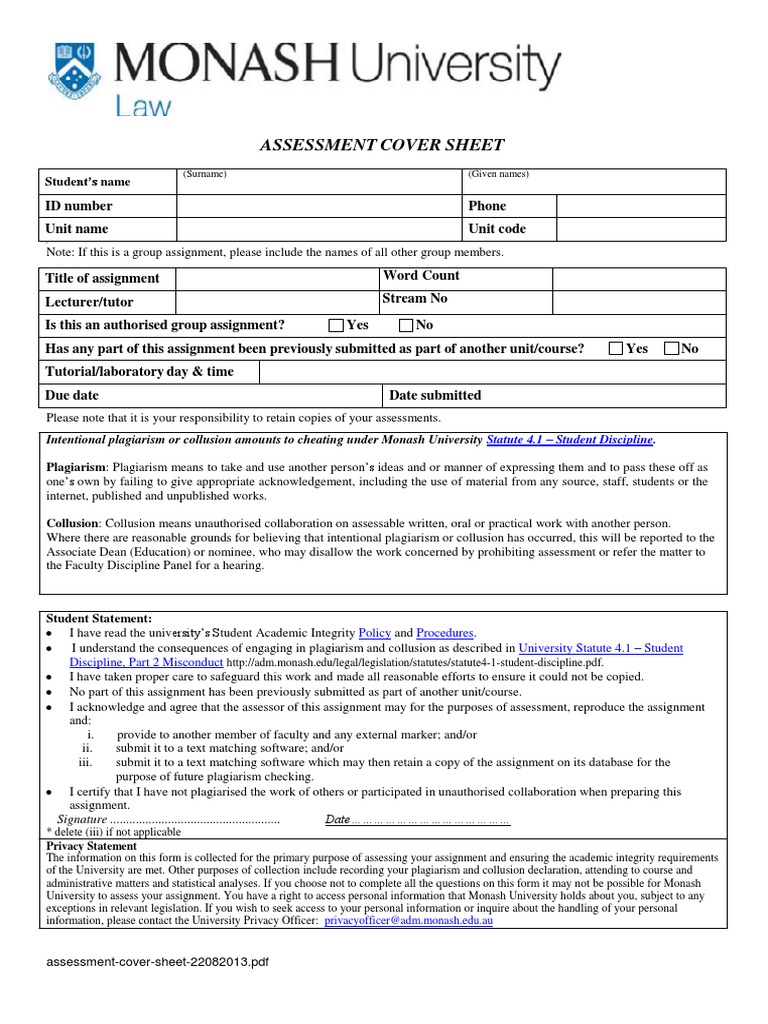 Monash University Assessment Cover Sheet | PDF | Academic Integrity | Plagiarism