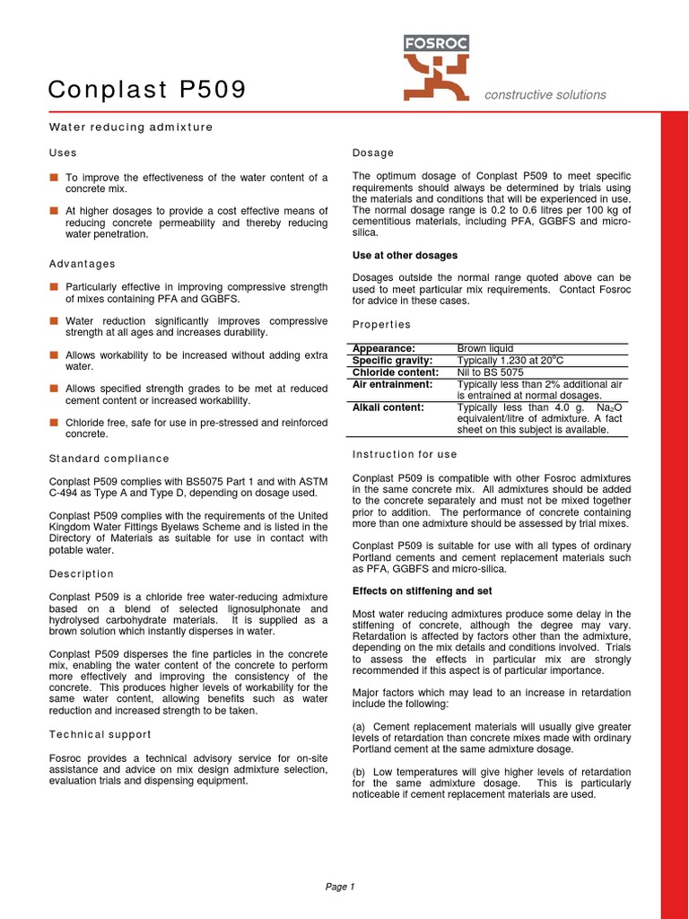 Conplast P509: Water Reducing Admixture | PDF | Concrete | Chemistry