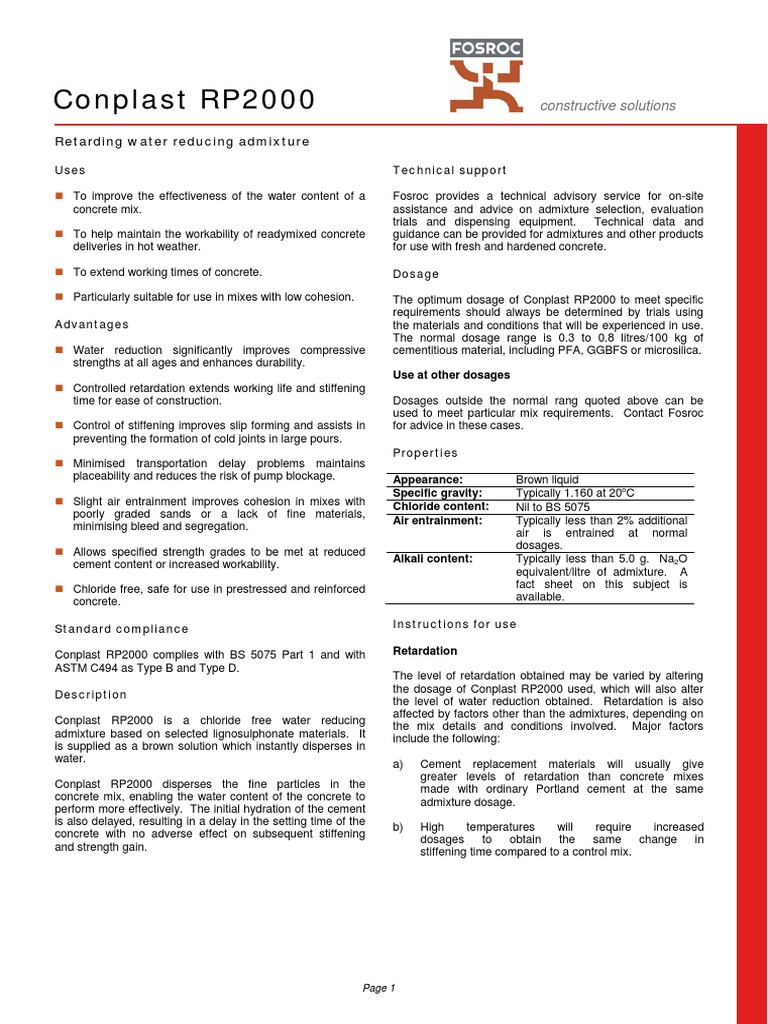 Conplast RP2000: Retarding Water Reducing Admixture | PDF | Concrete ...