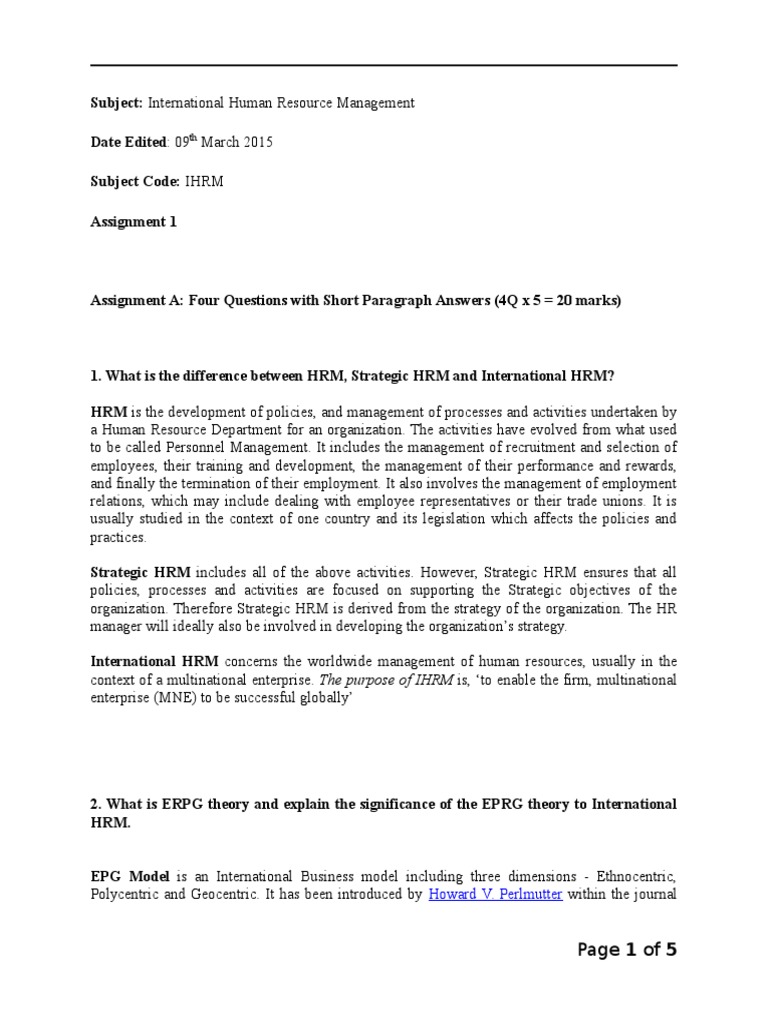 IHRM Assignment 1 With Answers 9 & 10 May 2015 20150503 | PDF | Accountability | Human Resource ...