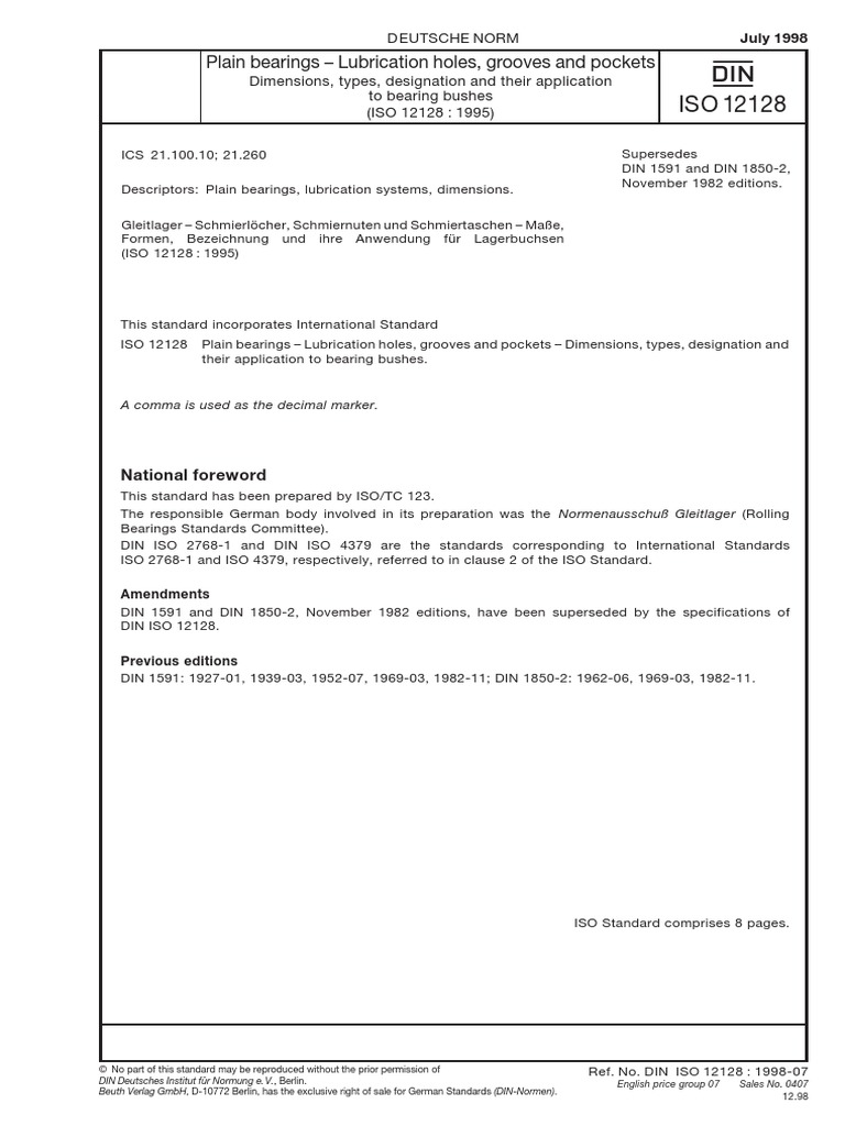 DIN ISO 12128-1998 Plain Bearings - Lubrication Holes, Grooves and ...