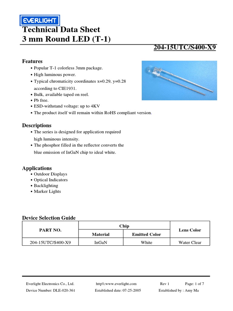 Technical Data Sheet 3 MM Round LED (T-1) : 204-15UTC/S400-X9 | PDF ...