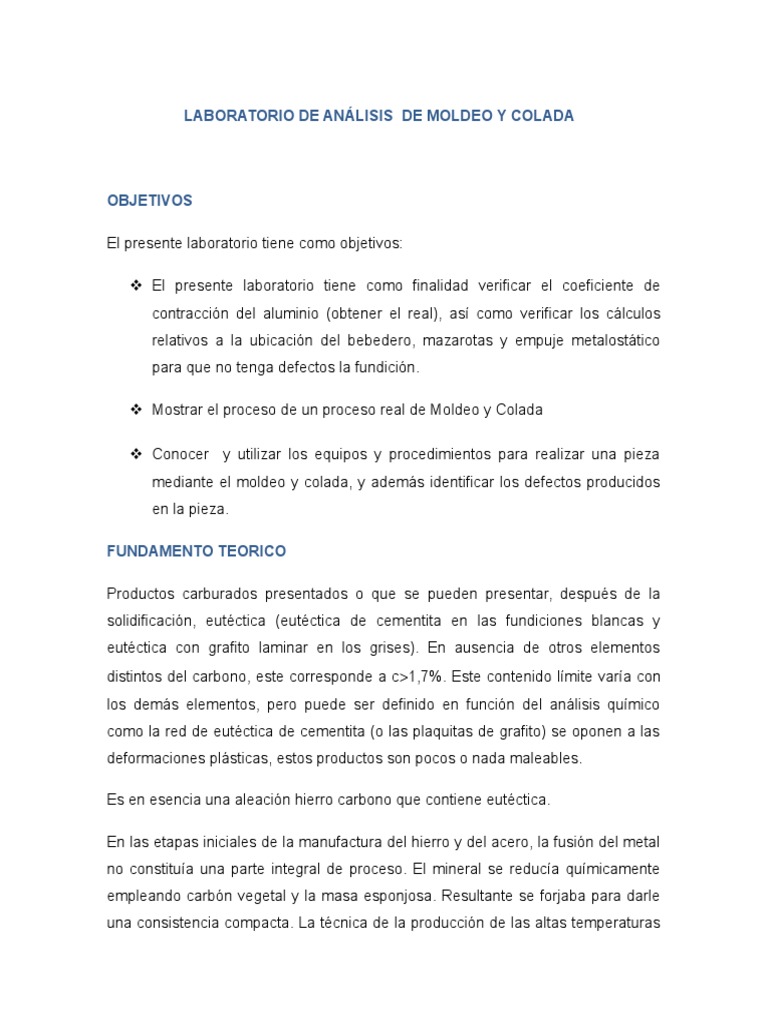 Laboratorio de Análisis de Moldeo y Colada | PDF | Fundición | Metalurgia