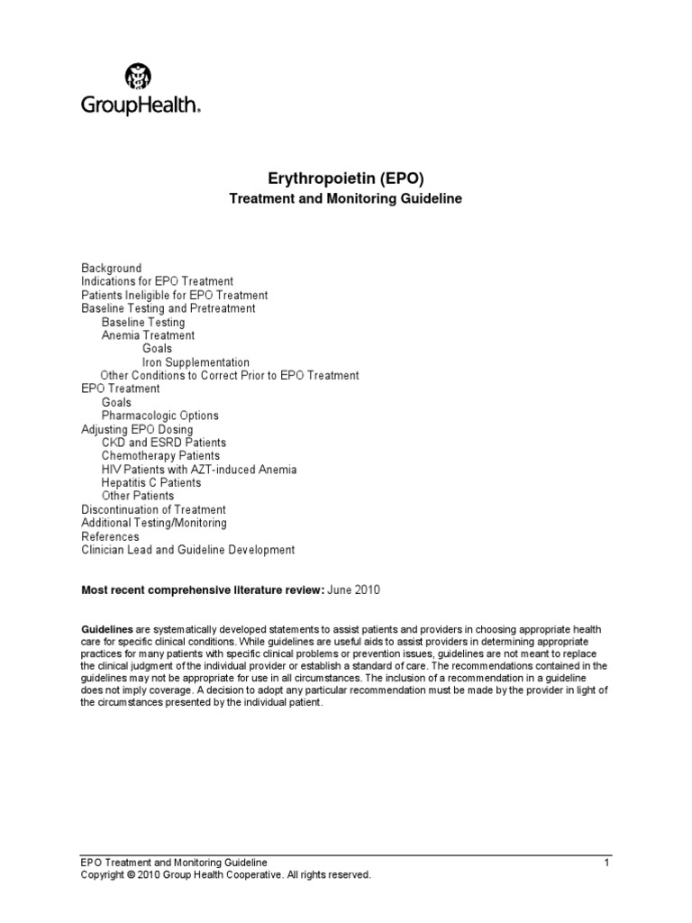Erythropoietin (EPO) : Treatment and Monitoring Guideline | PDF ...