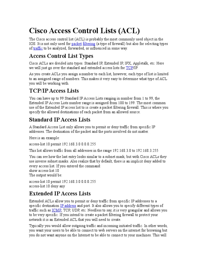 Cisco Access Control Lists Acl Pdf Port Computer Networking Firewall Computing